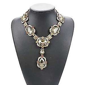 Secret for Longevity Extra Large Victorian Art Deco Antique Retro Vintage Style Gold Tone Yellow Citrine Topaz Bronze Amber Rhinestone Chunky Statement Wedding Bridal Prom Drag Queen Pageant Necklace