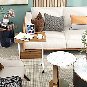 SogesGame Mobile Sofa Side Table, Industrial C Table with Wheels, Portable Desk Cart Tray End Table Height Adjustable, Snack Table for Couch Sofa, Oak，05#3-60OK-S8-US