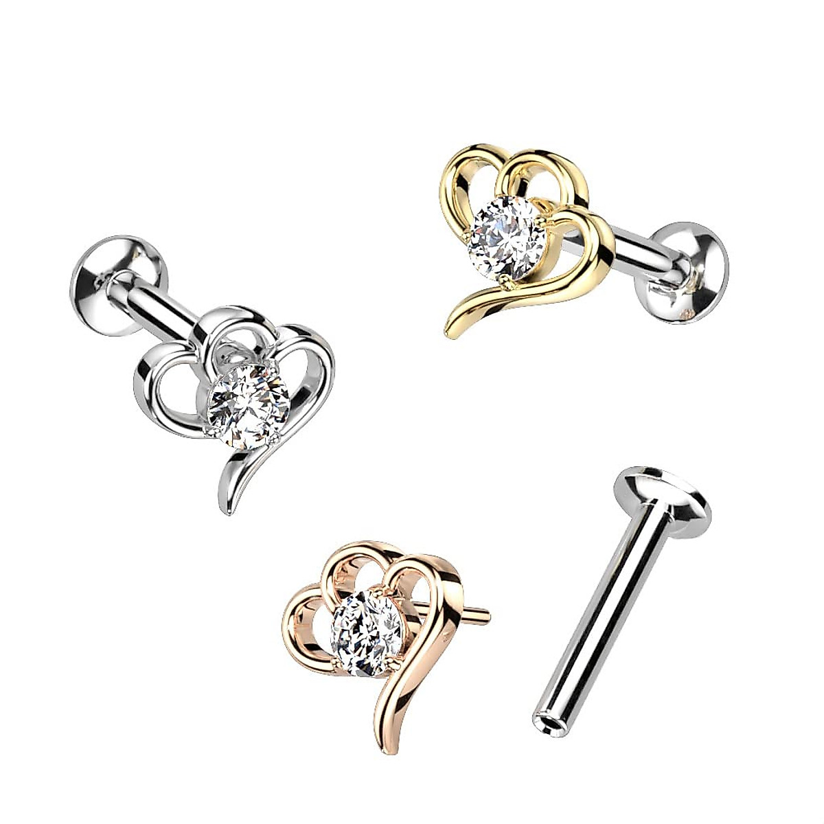 Amelia Fashion 16 GA Hollow Heart With CZ Center Threadless Push In Top 316L Surgical Steel Labret, Convex Back Stud (Choose Color) (L. 8mm - Clear)