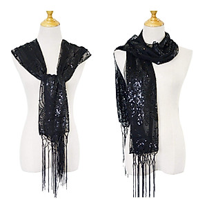 L'VOW Women's Glittering 1920s Scarf Mesh Sequin Wedding Cape Fringed Evening Shawl Wraps(Black)