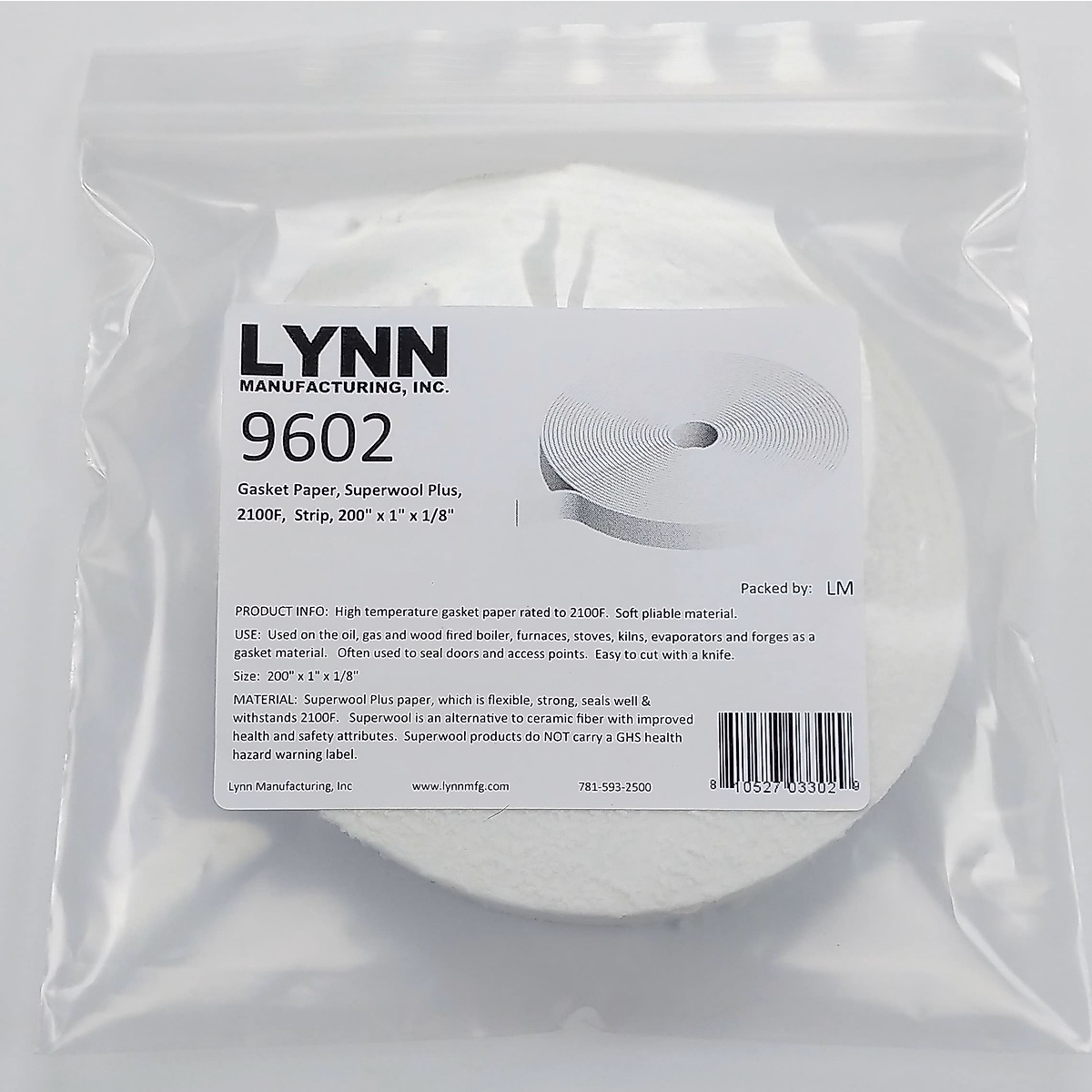Lynn Manufacturing Strip Ceramic Fiber Alternative Paper, 2100F Rated, 1" x 1/8" x 200", High Temperature Gasketing for Boiler, Wood Stove, Pellet Stove, Furnace, Kiln, Forge, 9602