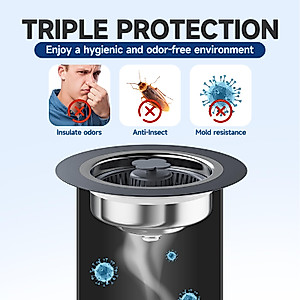 3 in 1 Kitchen Sink Drain Strainer, Pop Up Kitchen Sink Stopper with Basket, Stainless Steel Sink Strainer Kitchen Drain Plug, Anti-Clogging, Anti-Odor, for US Standard 3-1/2 Inch Drain