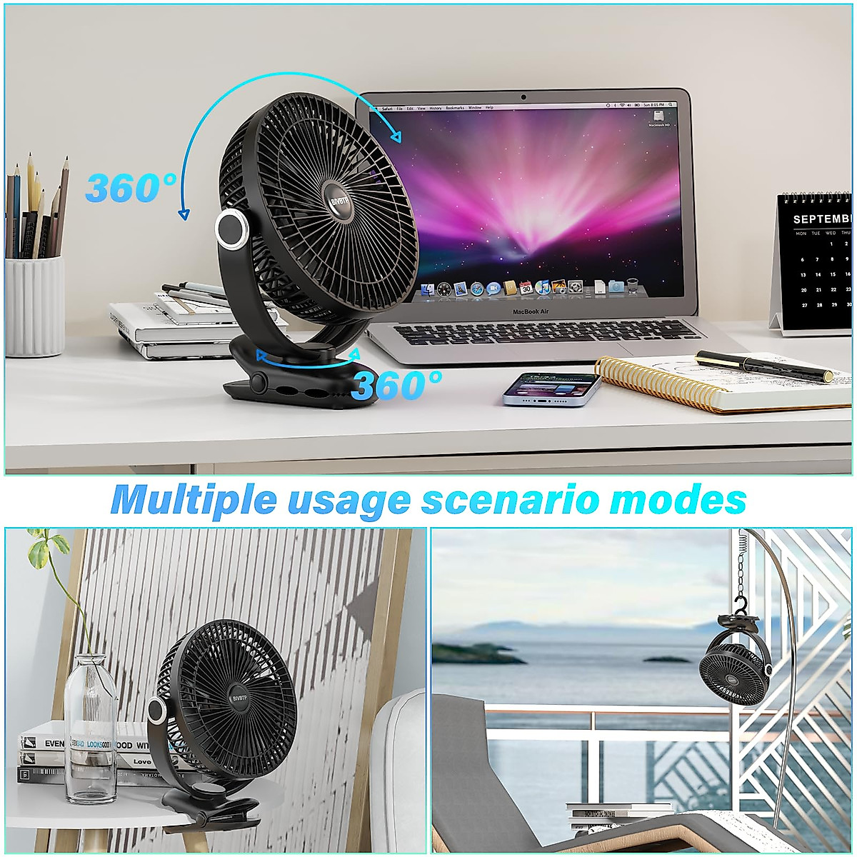 BIVBTP 12000mAh Clip on Fan Rechargeable, 8 Inch Car Fans with Sturdy Clamp & 4 Speeds Strong Airflow,6-30hrs Quiet Personal Fan for Stroller Golf Cart Office Desk Camping