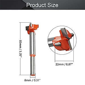 Utoolmart Forstner Drill Bits, 22mm Cemented Carbide Wood Cutter Tool, Round Shank Woodworking Hole Saw Cutter, 85mm Length Woodworking Hole Boring Bit, Orange