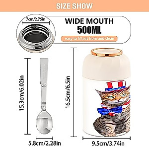 CUPADA Patriotic Cat Food Jar, 4th Of July Insulated Hot Food Jars Vacuum 17OZ with Folding Spoon for Work Trip Picnic Camping