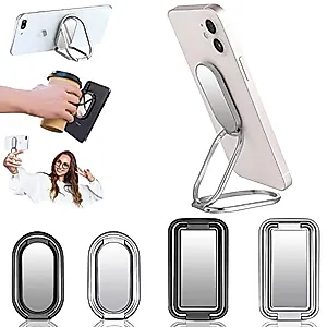 4 Pieces Phone Ring Holder Finger Kickstand 360° Rotation 180° Flip Foldable Retractable Magnetic Cellphone Back Grip for Car Phone Compatible with Most Smartphones Tablets (Silver, Iron Black)