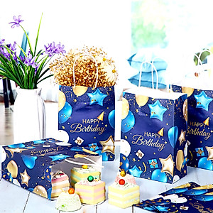 Frienda 24 Pcs Birthday Gift Bags with Handles Navy Blue and Gold Party Goodie Bags Happy Birthday Favor Bags for Boys Girls Men Women Happy Birthday Party Supplies, 5.9 x 3.2 x 8.3 Inches