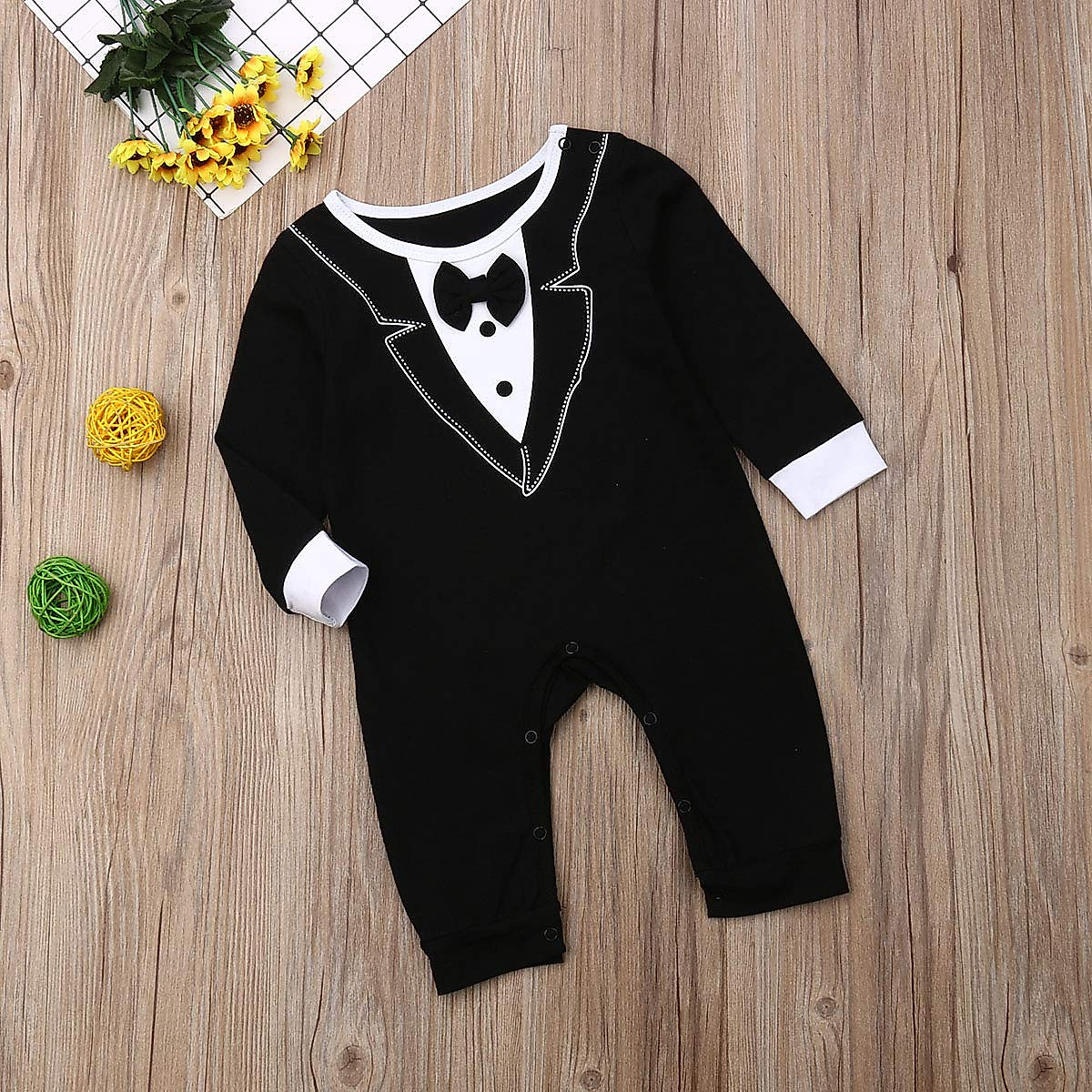 Baby Boy Gentleman Shirt Bowtie Romper Tuxedo Jumpsuit Overall Black Suit Clothes 0-18M (Black, 0-6 Months)