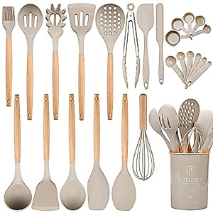 NCUE Kitchen Utensils Set with Holder, 26 pcs BPA Free Non-stick, Wooden Handle Heat Resistance Silicone Spatula Spoon Kitchen Gadgets Cooking Utensils Set (Khaki)