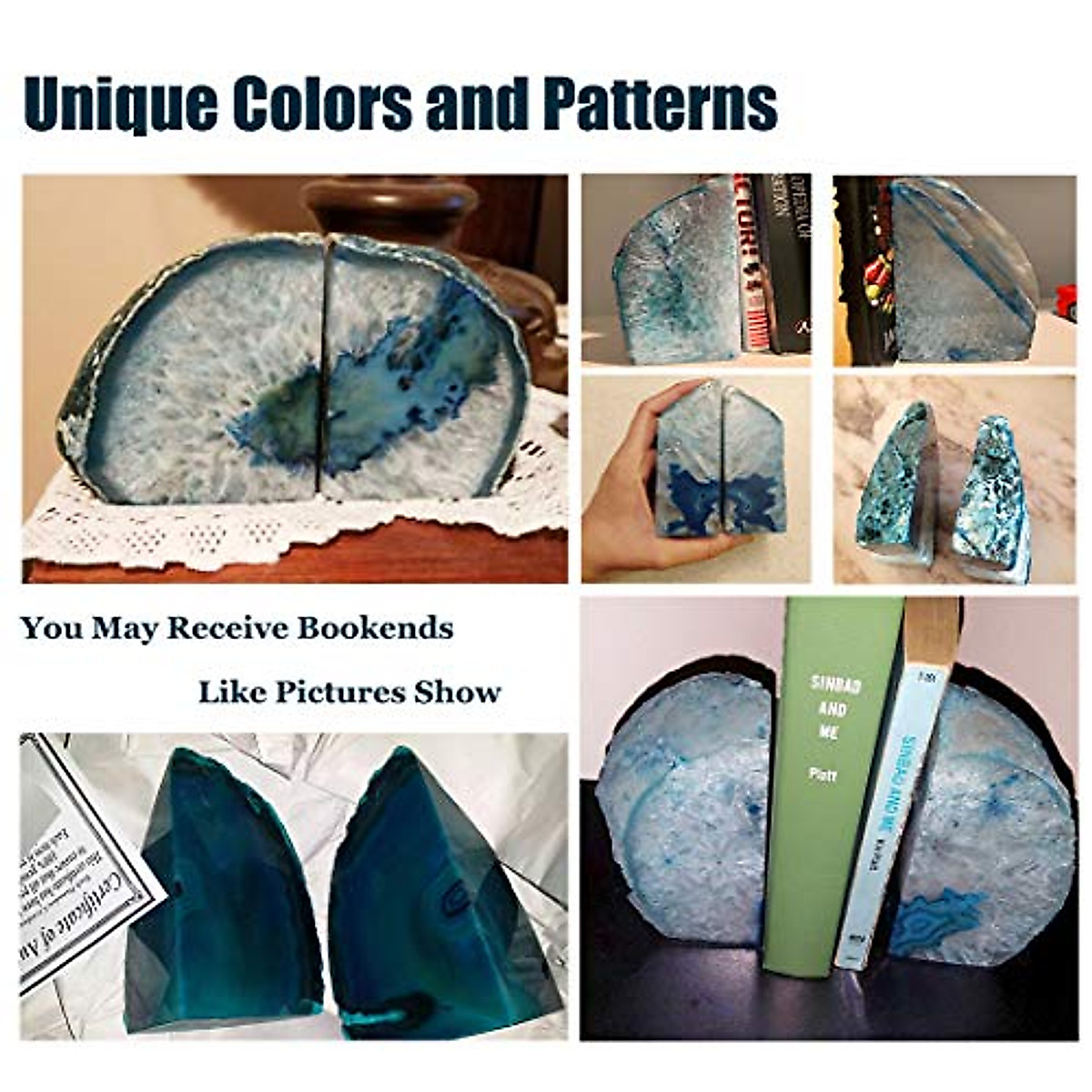 AMOYSTONE Teal Agate Bookends Geode Book Ends Heavy Duty Bookend Holder Decor with Rubber Bumpers Small(1 Pair, 2-3 LBS)