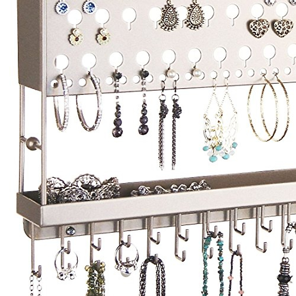 Angelynn's Stud Dangle Earring Holder Wall Hanging Jewelry Organizer Display Necklace Bracelet Closet Storage Rack Tray, AAA Satin Nickel Silver