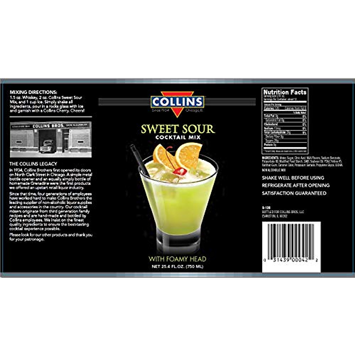 Collins Sweet and Sour Mix Made With Real Orange and Lemon Juice Classic Cocktail Recipe Ingredient, Home Bar Accessories Cocktail Mixers 32 fl oz