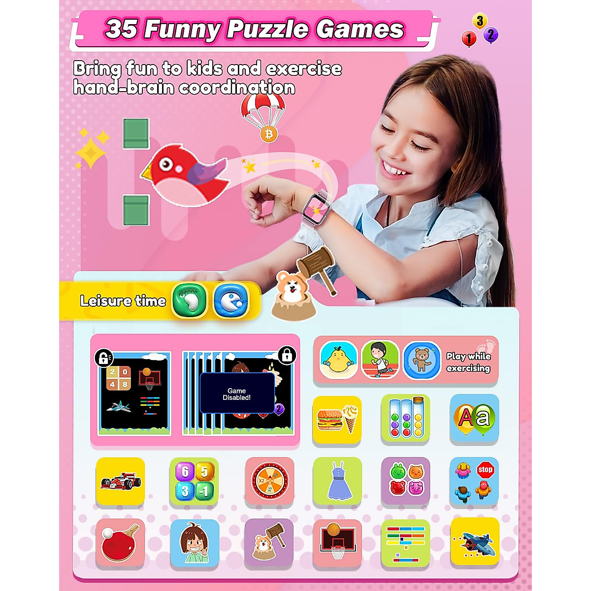 Sueseip Kids Smart Watches Girls Toys Age 6-8, HD Touchscreen Dual Cameras Kids Watch for Girls Ages 8-10, Kids Toy with 35 Games MP3 Learn Card for 5 6 7 8 9 Year Old Girls Christmas Birthday Gifts