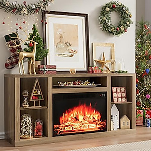 YESHOMY Electric Fireplace TV Stand for Televisions up to 65+ Inch, Media Entertainment Center Console Table with Four Open Storage Shelves & Cabinets, 58 Inch, Barnwood