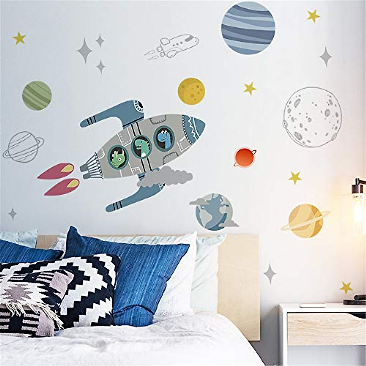 ROFARSO Cartoon Cute Dinosaurs on Rocket Wall Stickers Planets Outer Space Stars DIY Vinyl Removable Large Wall Decals Art Decorations Decor for Kids Boys Bedroom Living Room Playing Room Murals