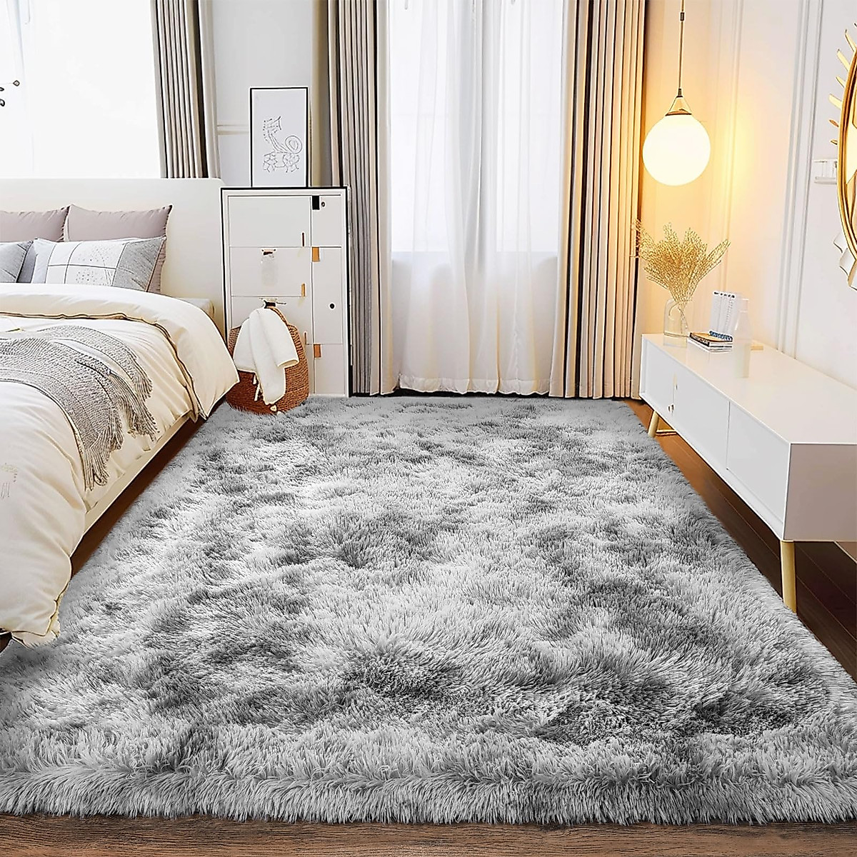 Ultra Soft Fluffy Rugs for Bedroom, Anti-Skid Indoor Carpet Nursery Rugs for Kids Room Home Decor, Rectangular Fuzzy Rug Tie-Dyed Light Grey 5x7 Feet