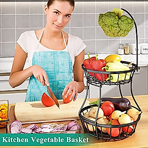 2-Tier Fruit Basket Bowl Stackable Vegetable Storage with Banana Tree Hanger Stand for Kitchen Countertop, Metal Wire Basket for Bread Onions Potatoes Black