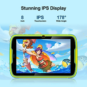 PRITOM 8 inch Kids Tablet, Android 13, 4GB RAM, 64GB ROM,Parental Control, Kids app, Quad Core Processor, 1280 * 800HD IPS Screen, Dual Camera, 2.4G&5G Wifi6, with Durable Stand(Yellow)