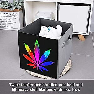 Colorful Weed Art PU Leather Collapsible Storage Bins Canvas Cube Organizer Basket with Handles