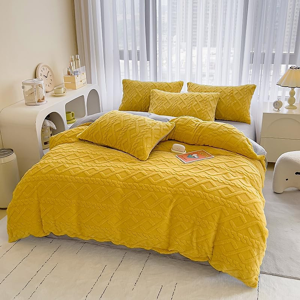 INFLAG Fluffy Comforter Cover, Boho Bedding Flannel Duvet Cover 3 Pieces, Ultra Soft Cozy Velvet Duvet Cover King 104" x 90" with Zipper Closure & 2 Pillow Shams (King, Yellow)
