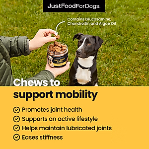 JustFoodForDogs Hip + Joint Soft Chews Mobility Supplement for Dogs with Glucosamine and Chondroitin, Superfood Blend, Human Grade, Plant-Based - 45 Count
