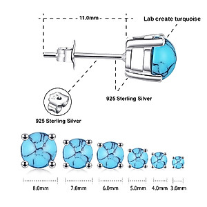 White Gold Plated Sterling Slver Turquoise Stud Earrings 3mm-8mm Options, Simulated Gemstone 4-Prong Studs Hypoallergenic Jewelry (6mm)