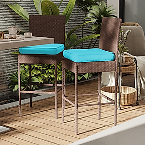 Sundale Outdoor Bar Stools 30 Inch Seat Height Set of 2, Patio Wicker Counter Stools with Back Rest, High Brown Rattan Chair with Pillow & Beige Cushion, All-Weather Armless Tall Pub Barstool