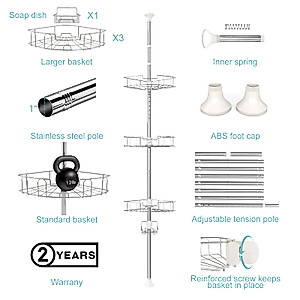 Tension Shower Caddy , Stainless Steel Corner Shower Caddy Stand Storage Organizer with Rustproof Tension Pole for Bathroom Bathtub Shampoo Soap Plants, 4 Tier Adjustable Shelves, 54 to 125 Inch