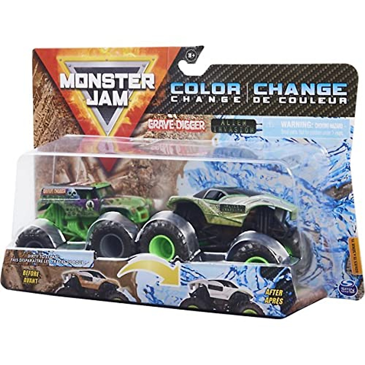 Monster Jam - Color Changing cars - Grave Digger vs. Alien Invasion Monster Truck/Monster Trucks for boys 5 years old/Monster Trucks for boys 3 years/Monter Truck for kids