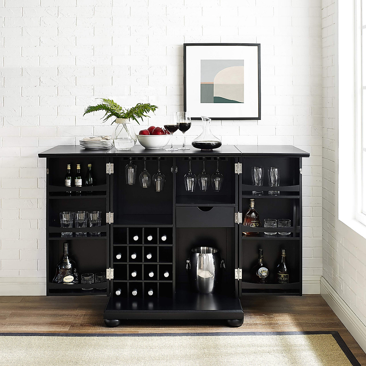 Crosley Furniture Alexandria Expandable Bar Cabinet with Storage Shelves, Drawer, and Wine Rack, Black