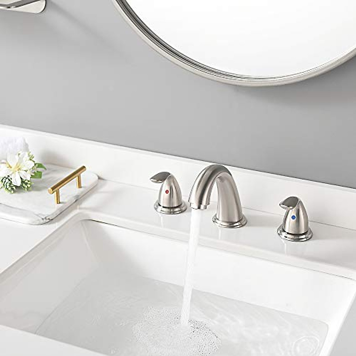 2 Handles 3 Holes Deck Mount Brushed Nickel Widespread Bathroom Faucet by phiestina,with Stainless Steel Pop Up Drain, WF008-5-BN