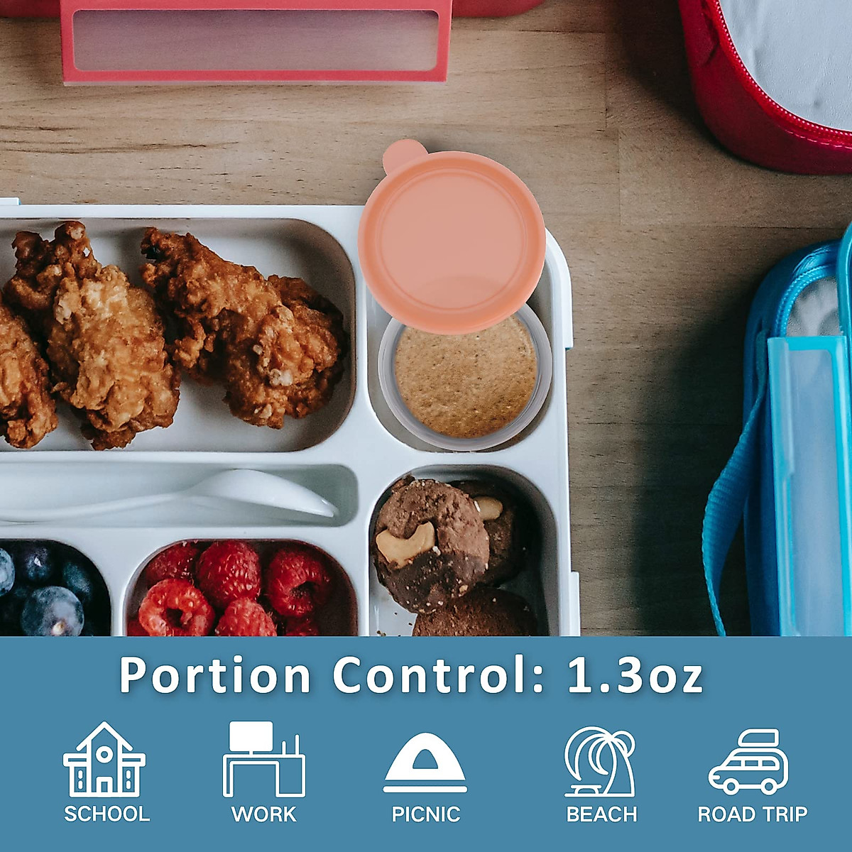 VOLCANOES CLUB Salad Dressing Container To Go - 7×1.3oz Mini Glass Food Storage Condiment Containers with Silicone Lids - Small Sauce Cups for Lunch Box Meal Prep - Leakproof Reusable School Work Trip