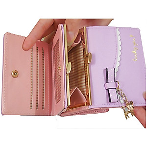 edfamily Womens Leather Cute Cat Bowknot Small Wallet Coins Purse Card Holder (Purple)