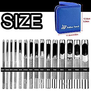 15 Pcs Leather Hole Punch,Hole Punch Set for Leather Craft,Round Steel Leather Craft Hollow Hole Punch,Hole Punch Tools for Watch Bands,Leather,Belts,Canvas,Paper (1mm to 11mm)