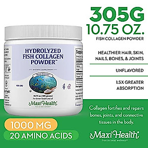 Maxi Health Collagen Powder - Collagen Protein Powder - Marine Collagen Powder for Women & Men - Type I Unflavored Fish Collagen Hydrolyzed Collagen Protein - Hair Growth & Skin Supplement (10.75 oz)