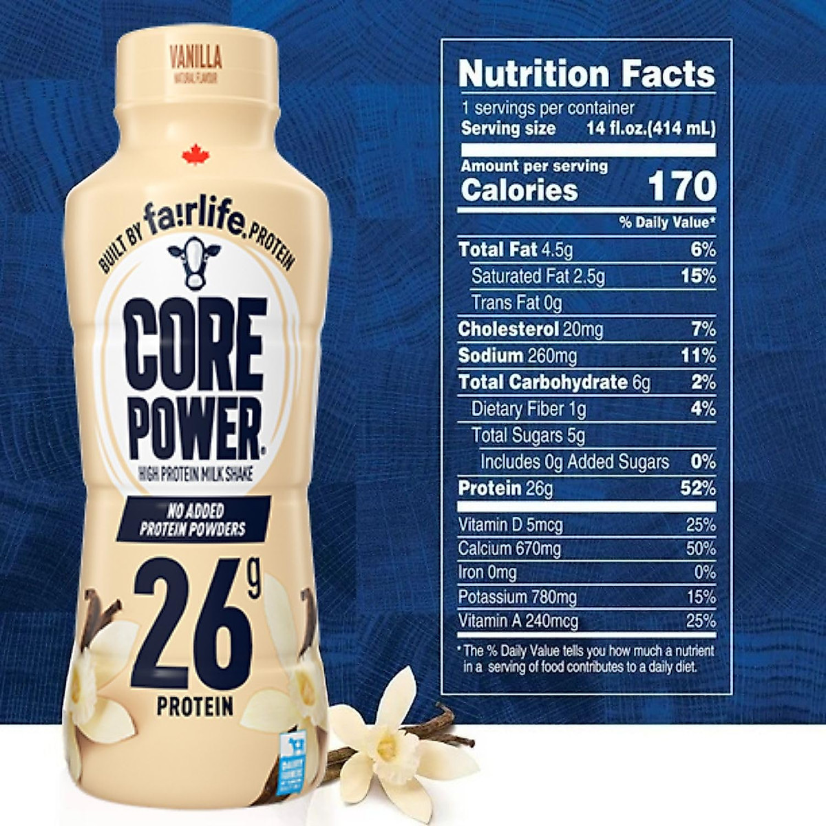 Fairlife Core Power 26g Protein Milk Shakes, Vanilla, Made with Canadian Milk, 414mL/14 fl. oz. (Pack of 12) Shipped from Canada