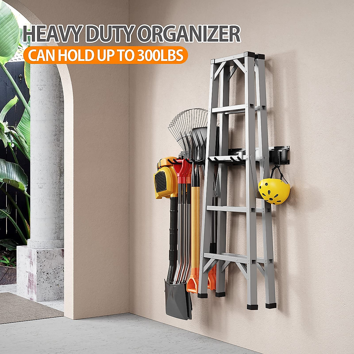 Garage Wall Organizer, Garden Tool Organizer, Garage Tool Organizer Wall Mount, Heavy Duty Steel Wall Holders for Yard Tools Hanger, Corner Shelves with Rake & Shovel Rack, Garage Gifts for Men