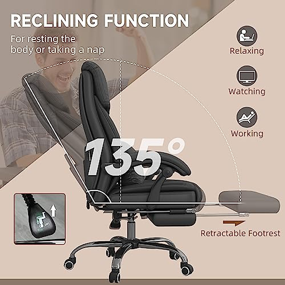 Vinsetto Kneading Massage Office Chair, Reclining Executive Office Chair, PU Leather High Back Computer Chair with Lumbar Cushion, Footrest, Adjustable Height, Black