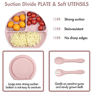 Baby Led Weaning Supplies - Kirpi Baby Feeding Set - Silicone Suction Bowls, Divided Plates, Sippy and Snack Cup - Toddler Self Feeding Eating Utensils Set with Bibs, Spoons, Fork - 6 Months (Pink)