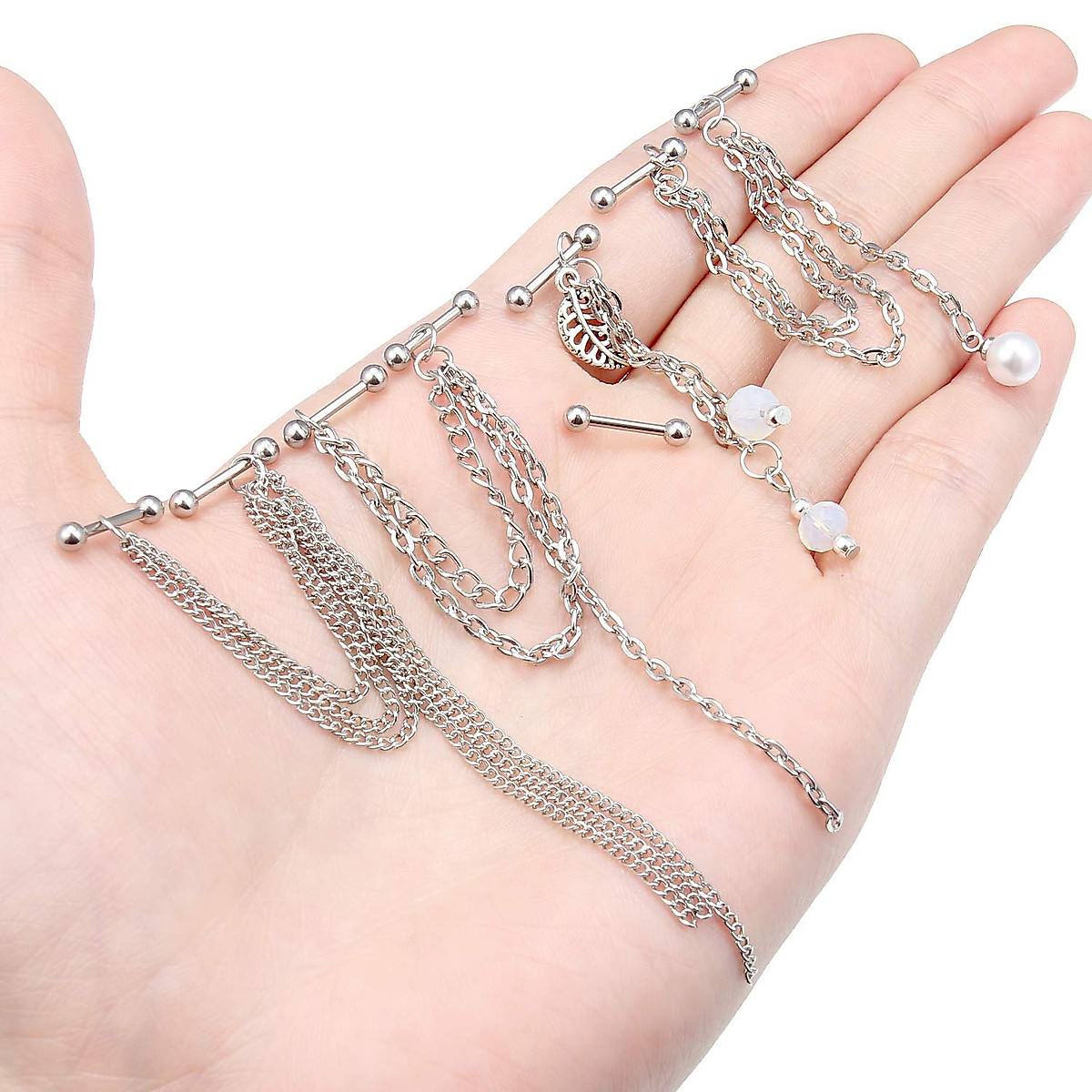 Vsnnsns 16G Cartilage Earrings Tragus Earrings Studs for Women Silver Stainless Steel Chain Dangle Industrial Barbell Stud Earrings Forward Helix Earrings Piercing Jewelry for Women Men 4pcs Silver