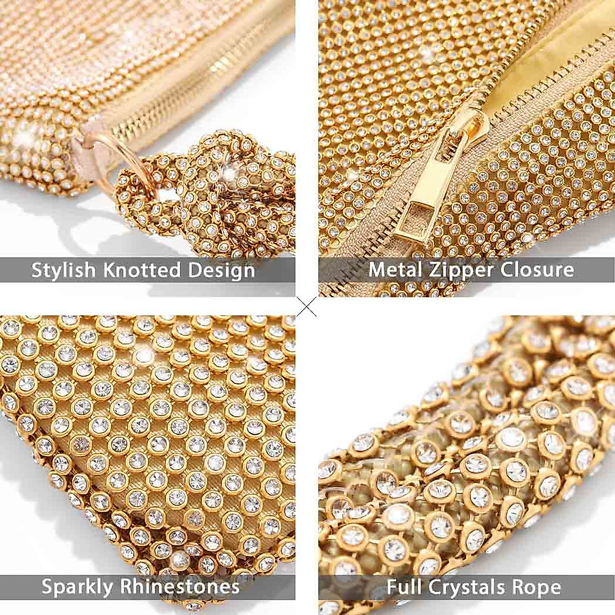 Yokawe Rhinestone Purses for Women Evening Bag Sparkly Hobo Bag Silver Handbag Vacation Club Party Wedding Clutch (Gold)