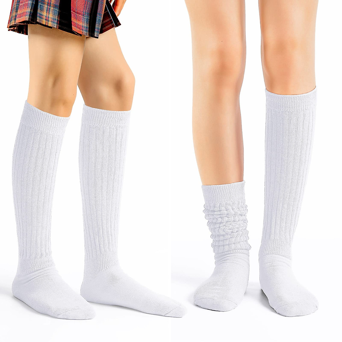 BOOPH Slouch Socks Women Knee High Scrunch Socks for Women Pack of 3 Size 6-11 White