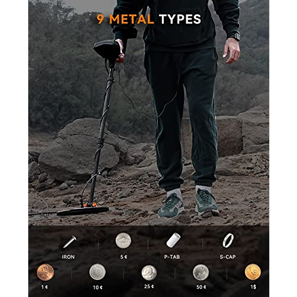 SUNPOW Metal Detector, IP68 Waterproof Coil, Identify 9 Types of Metals, High Accuracy, 10 Inch Detection Depth, 5 Modes, Strong Anti-Interference, Suitable for Adults and Kids (OT-MD07)