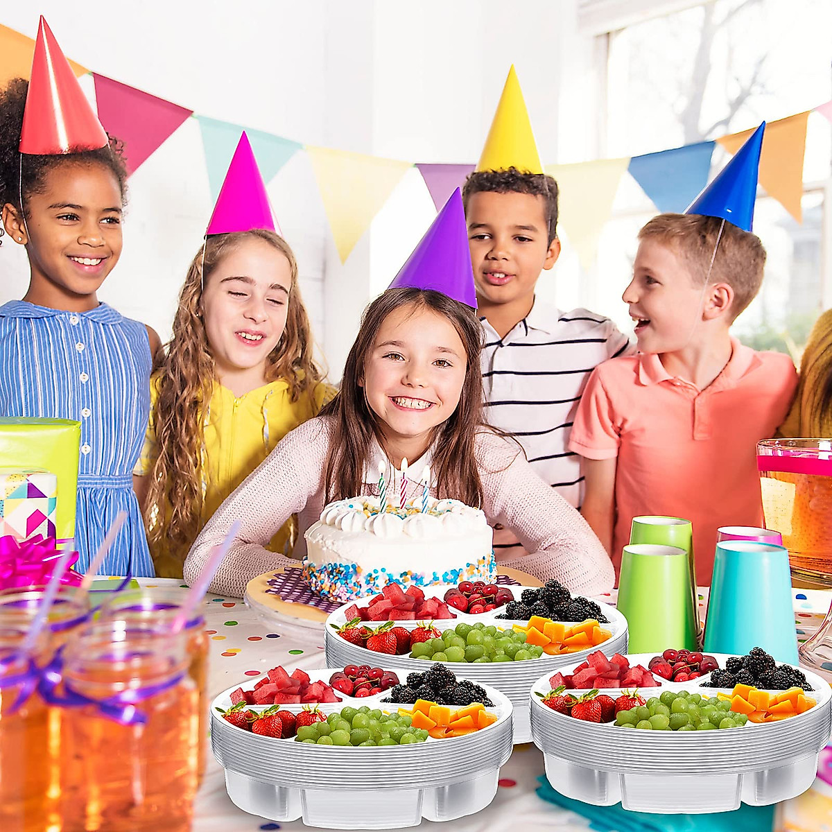 Baderke 10 Pack 10 Inches Round Plastic Serving Tray 6 Sectional Plastic Appetizer Tray with Lid Clear Food Platters Round Platter Container Veggie Fruit Organizer for Party and Buffet (Clear)