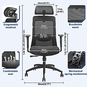 MUIGELS Ergonomic Office Chair - High Back Computer Desk Chair with Adjustable Lumbar Headrest Arms Support and Tilt Function, Comfy Rolling Swivel Task Chair for Home Conference Room Office Bedroom