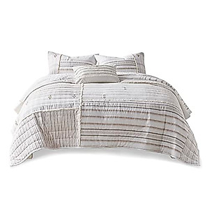 INK+IVY Salar Cotton Quilt Set - Stripe Patchwork Design with Fringe Trim Accent, Prewashed Coverlet, All Season, Breathable and Lightweight Cover, Cozy Summer Blanket, Full/Queen Natural 3 Piece
