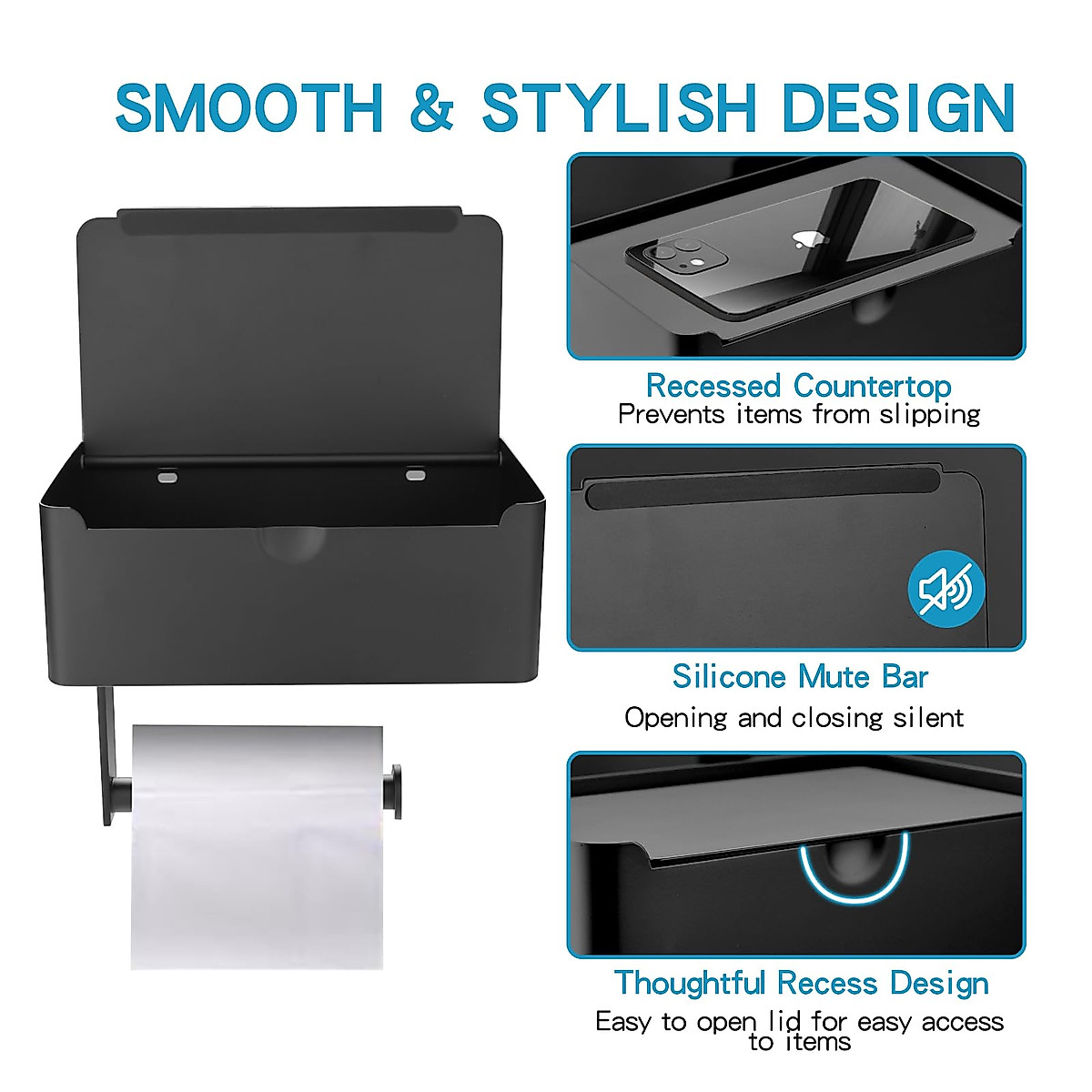 VIJAY SENO Black Toilet Paper Holder with Wipes Storage Wall Mount(Drilling/Adhesive), Toilet Paper Wipes Holder for Bathroom - Hide Your Wipes-SUS304 Stainless Steel(Large)