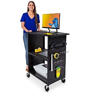 Line Leader Stellar AV Cart | Reimagine Your Teacher Cart with Revolutionary Pegboard Siding & 12 Movable Peg Hooks for Customizable Storage | UL Safety Certified Mobile Workstation & Computer Cart