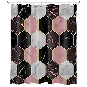LB Pink and Black Geometric Marble Shower Curtain for Bathroom, Black and Gold Hexagon Pattern Pink and Grey Fabric Shower Curtain with Hooks, Modern Abstract Bathroom Curtain Shower Set, 60"W x 72"L