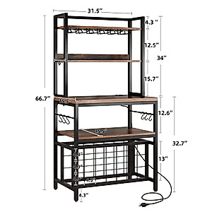 YITAHOME Kitchen Microwave Bakers Stand with Wine Rack, Wine Rack Freestanding Floor, Small Storage Shelves for Liquor Bottle Glasses Power Outlet Farmhouse Coffee Bar 31 Inch, Rustic Brown